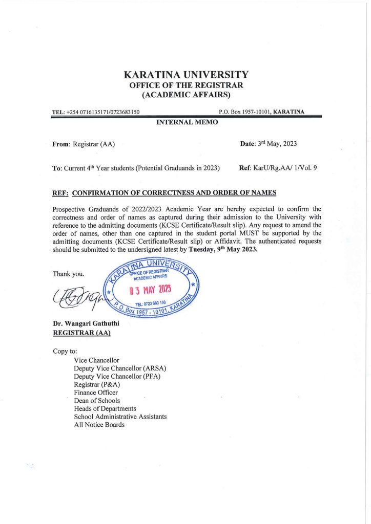 Confirmation of Correctness and Order of Names – Karatina University ...
