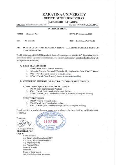 SCHEDULE OF FIRST SEMESTER 2023/2024 ACADEMIC BLENDED MODE OF TEACHING GUIDE – Karatina ...