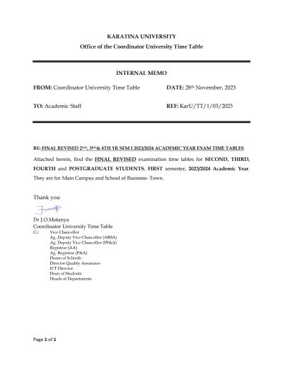 FINAL REVISED 2ND, 3RD, 4TH & POSTGRADUATE YEAR SEM I 2023/2024 EXAM TIME TABLES – Karatina ...
