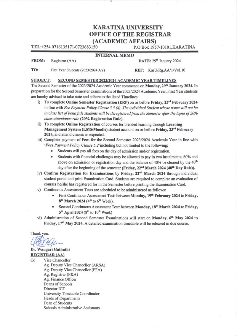 SECOND SEMESTER 2023/2024 ACADEMIC YEAR TIMELINES (FIRST YEAR STUDENTS ...