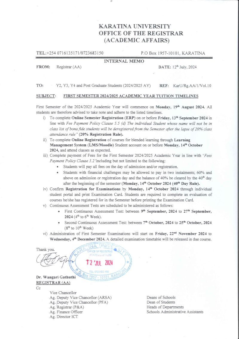 FIRST SEMESTER 2024/2025 ACADEMIC YEAR TUITION TIMELINES – Karatina University | Inspiring ...