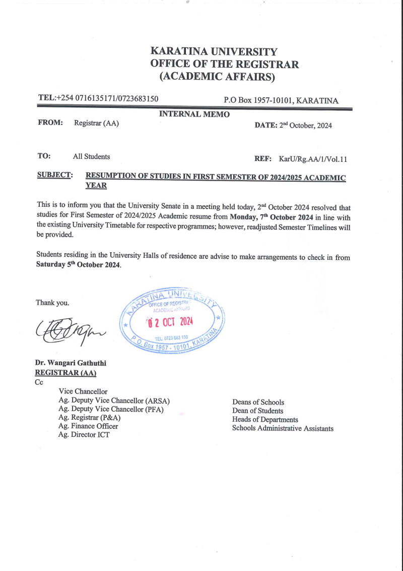 RESUMPTION OF STUDIES IN FIRST SEMESTER OF 2024/2025 ACADEMIC YEAR ...