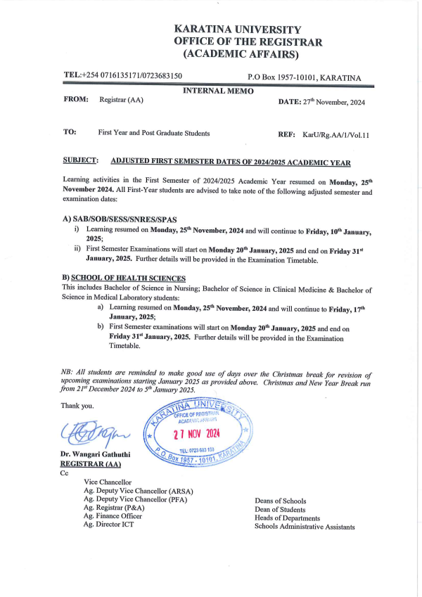 ADJUSTED FIRST SEMESTER DATES OF 2024/2025 ACADEMIC YEAR (Y1 ...