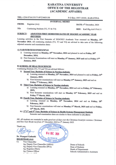 ADJUSTED FIRST SEMESTER DATES OF 2024/2025 ACADEMIC YEAR (Y2, Y3 & Y4 ...