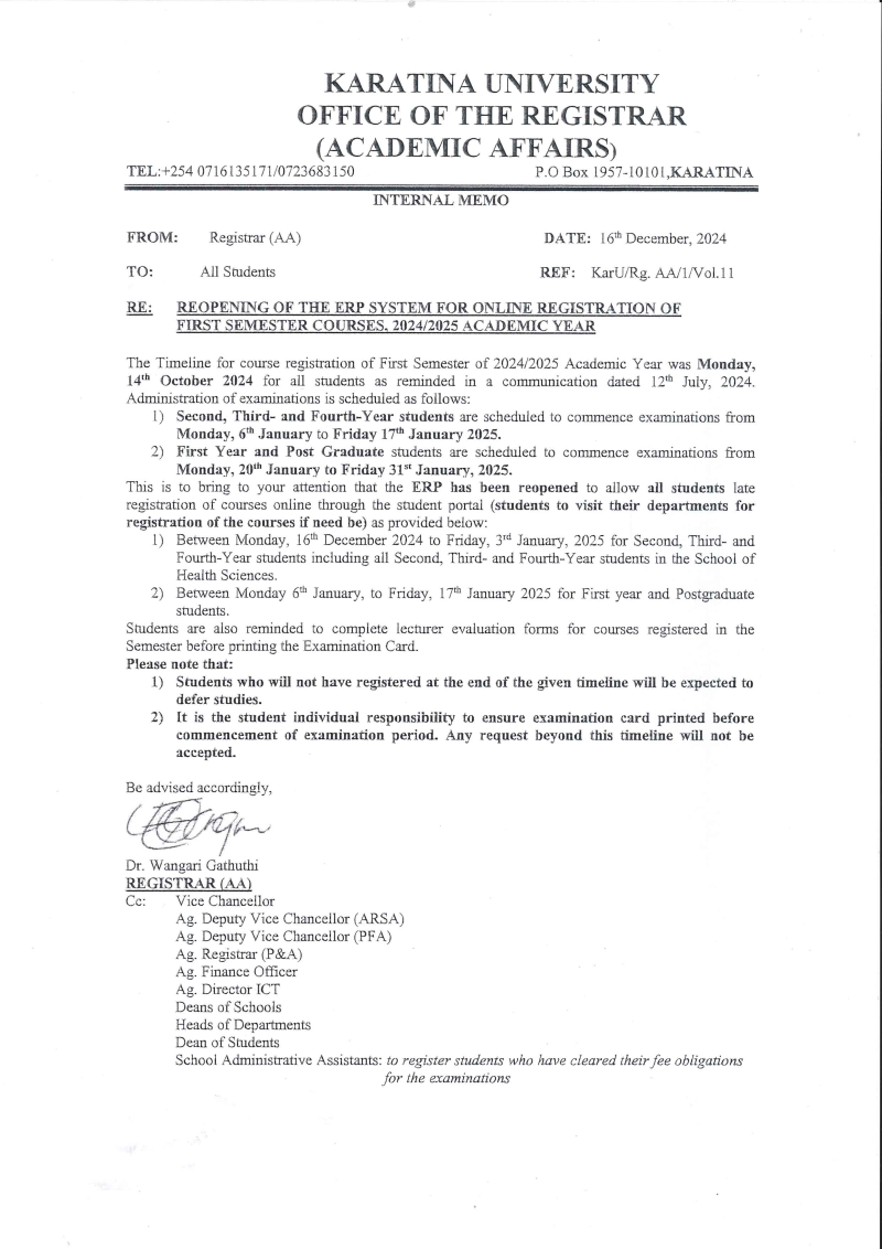 REOPENING OF THE ERP SYSTEM FOR ONLINE REGISTRATION OF FIRST SEMESTER ...